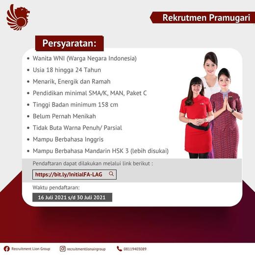 Lowongan Pramugari dan Pramugara Lion Air 2021 | AtmaGo