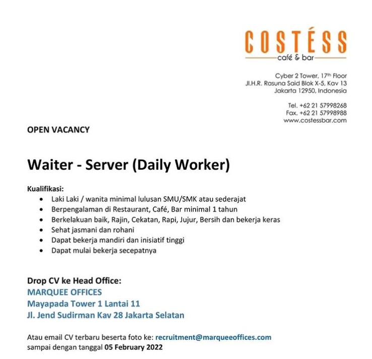 Lowongan Waiter - Server (Daily Worker) | AtmaGo