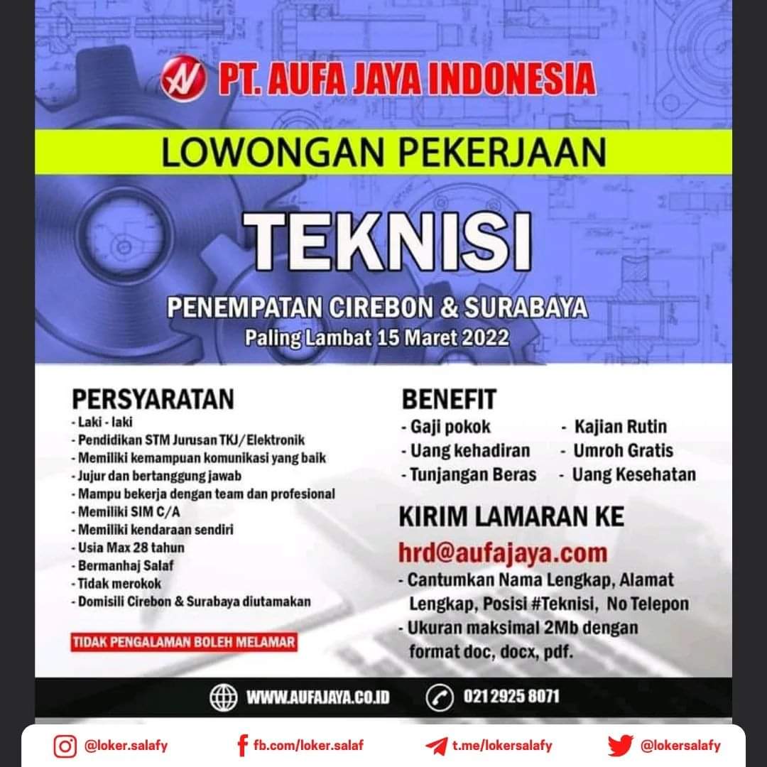 Teknisi PT Aufa Jaya Indonesia kantor Cabang Cirebon Dan Surabaya | AtmaGo