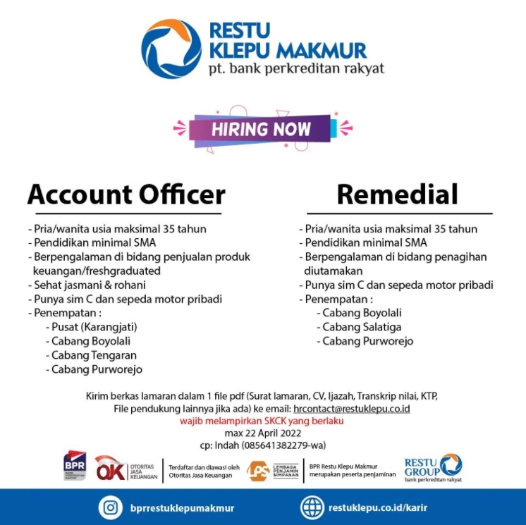 Lowongan Bank BPR Restu Group | AtmaGo