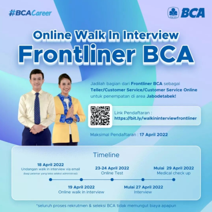 Lowongan Frontliner BCA Online (Walk In Interview) | AtmaGo