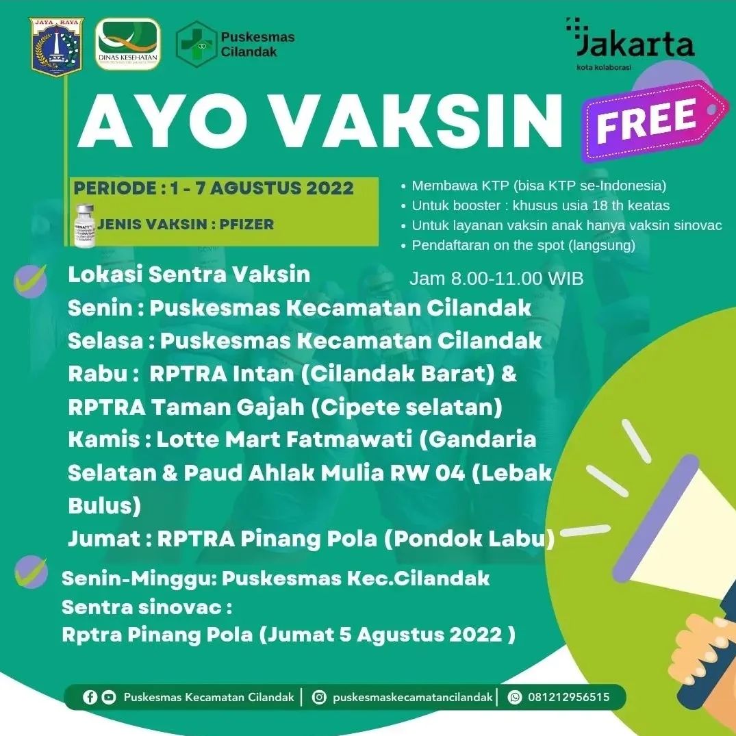 Vaksinasi COVID-19 Puskesmas Kecamatan Cilandak (1-7 Agustus 2022) | AtmaGo