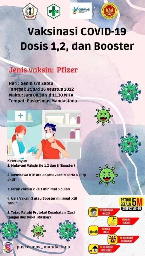 Vaksinasi COVID-19 Puskesmas Mandastana Barito Kuala (21-26 Agustus 2022) | AtmaGo