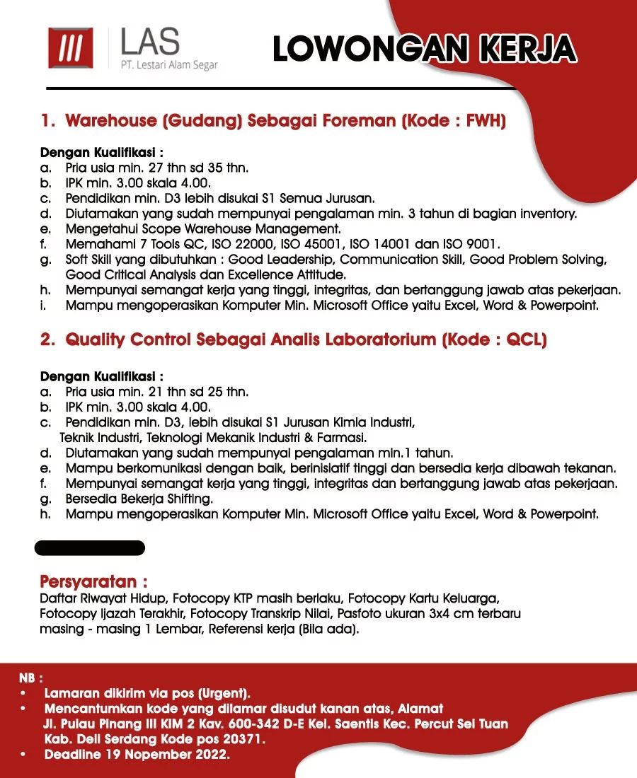 Staff Warehouse Foreman dan Analis Laboratorium | AtmaGo