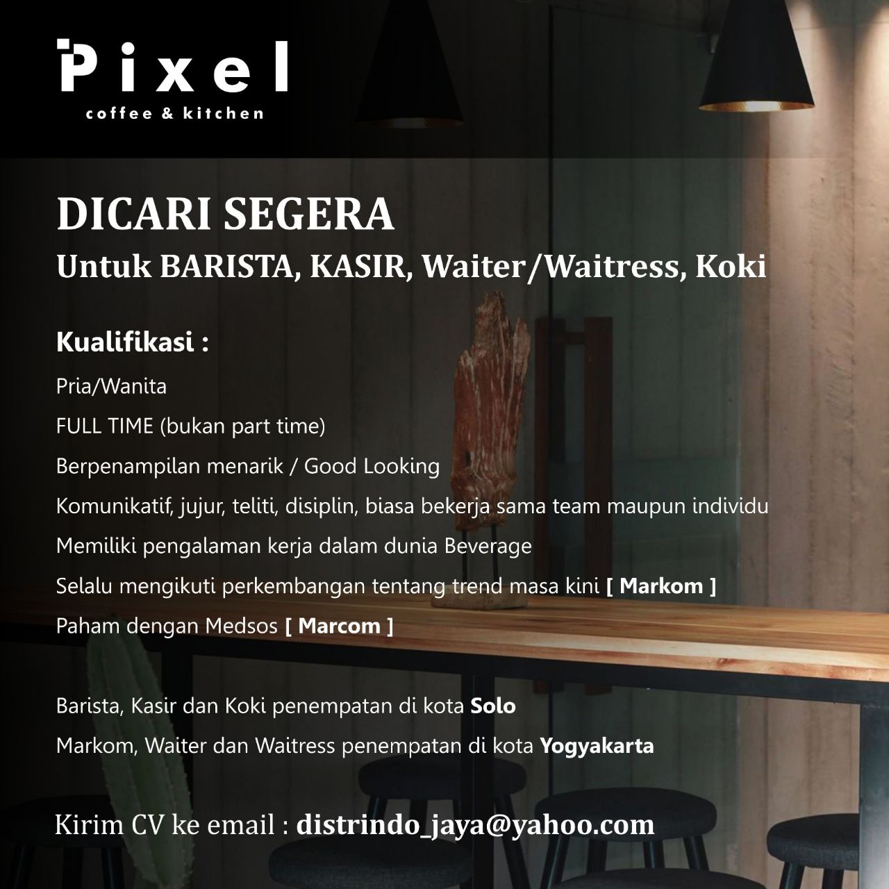 Dicari Segera Koki Barista Waiter/Waitress, Markom | AtmaGo
