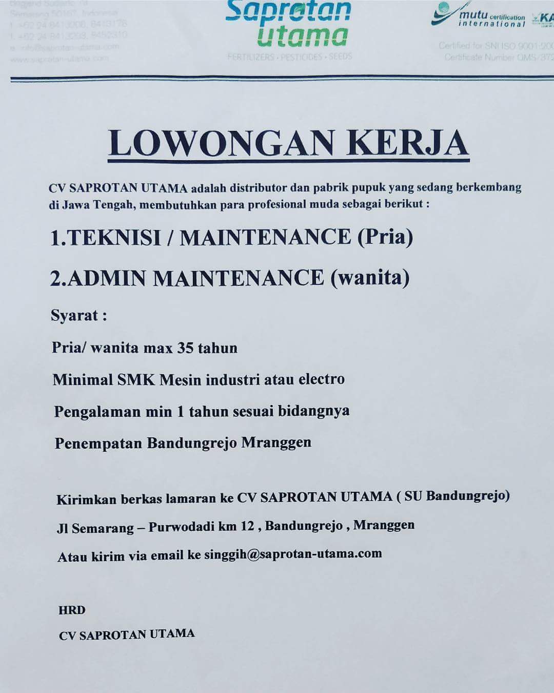 LOWONGAN KERJA MAINTENANCE | AtmaGo
