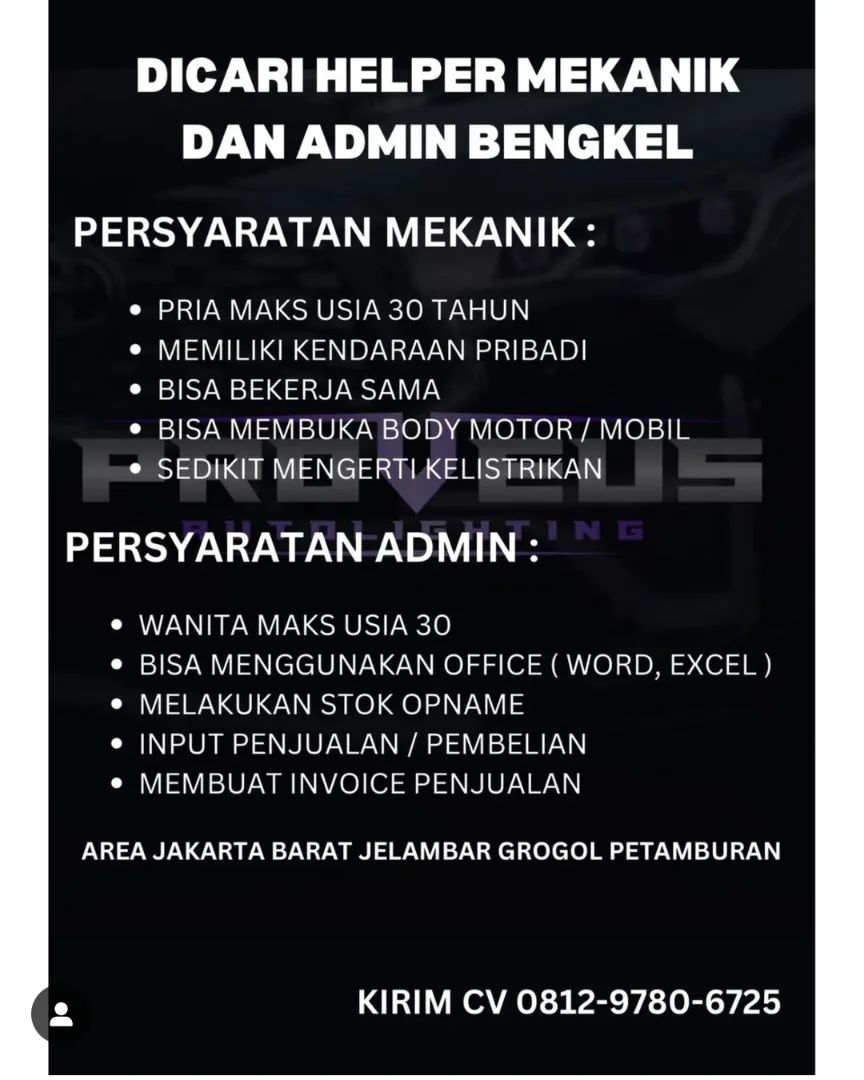 HELPER MEKANIK DAN ADMIN BENGKEL (Wanita) | AtmaGo