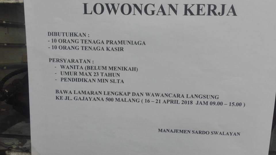 LOWONGAN PRAMUNIAGA DAN KASIR SARDO SWALAYAN MALANG | AtmaGo