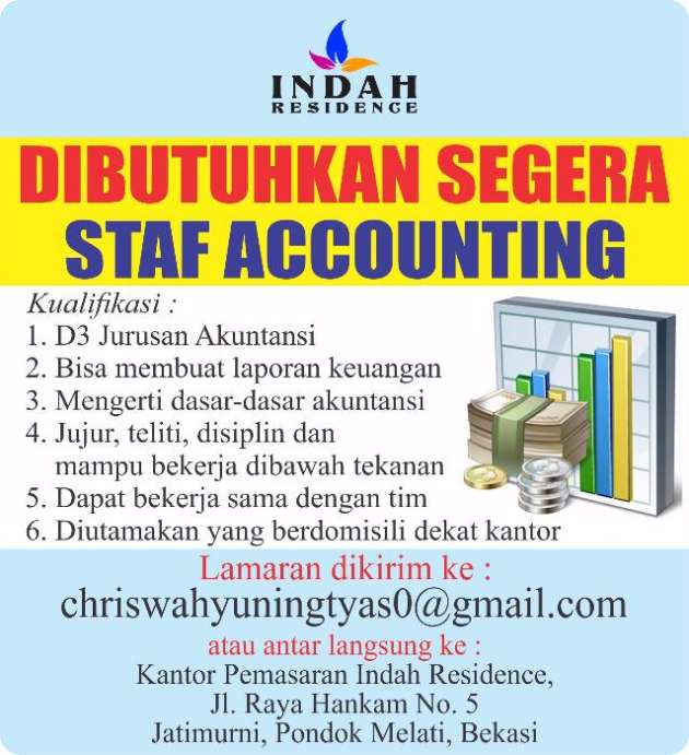 Lowongan Kerja Staff Accounting di Kantor Pemasaran Indah Residence | AtmaGo