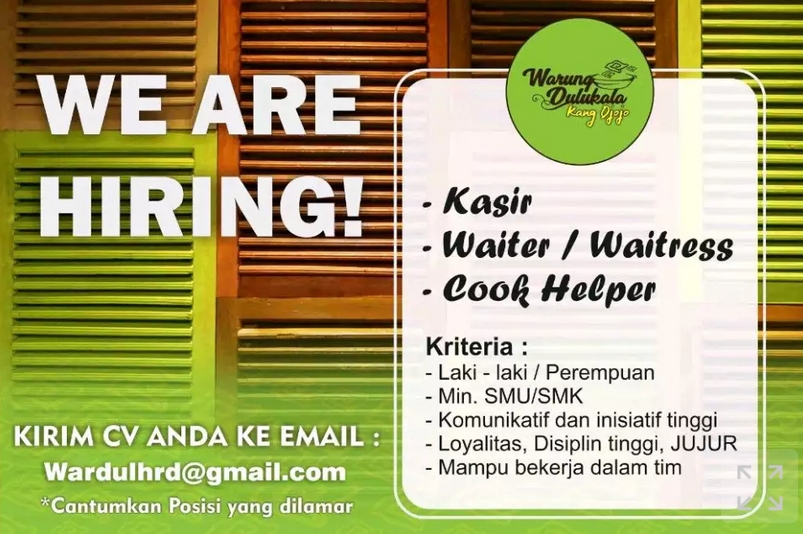 (Lowongan Kerja) Dibutuhkan Kasir, Waiter / Waitress, dan Cook Helper ...