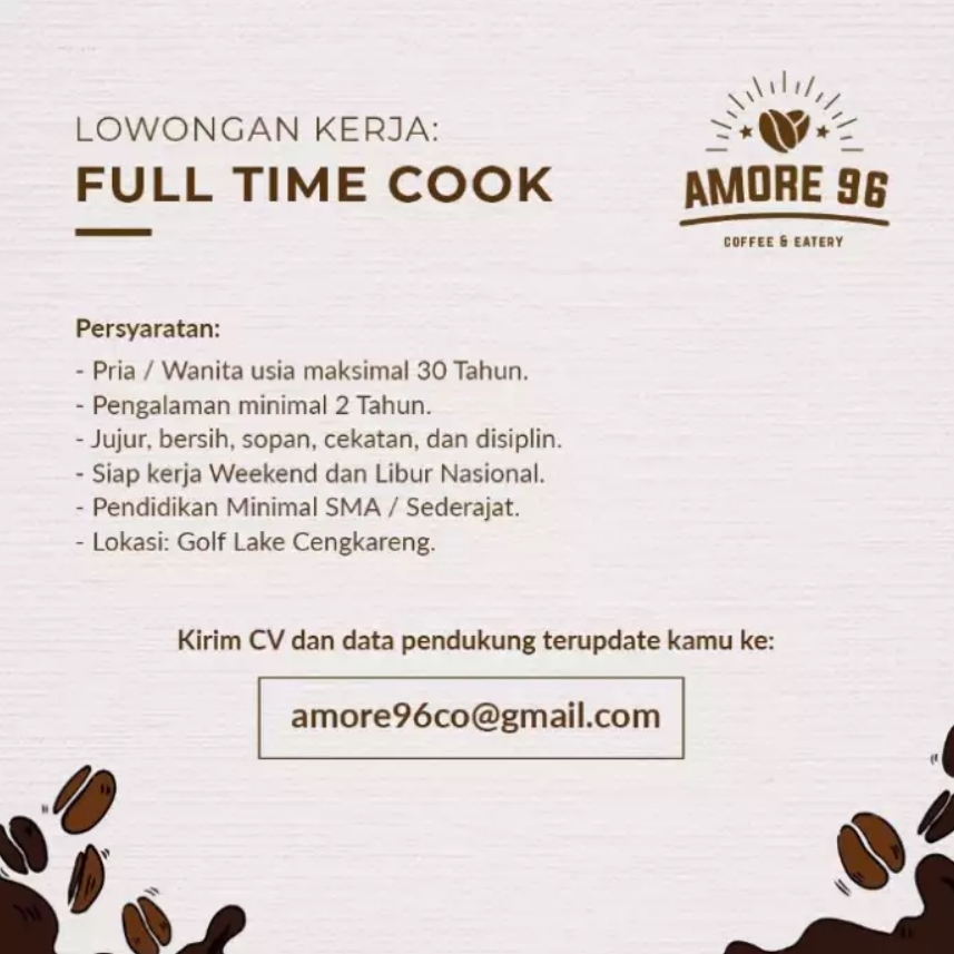 (Lowongan Kerja) Dibutuhkan Chef / Cook / Koki di AMORE 96 Coffee & Eatery Cengkareng | AtmaGo