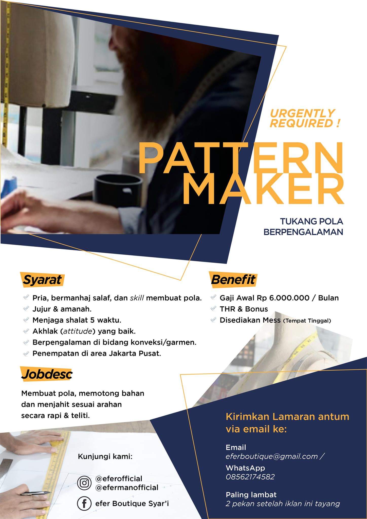 Lowongan Kerja Pattern Maker Atau Tukang Pola Berpengalaman | AtmaGo