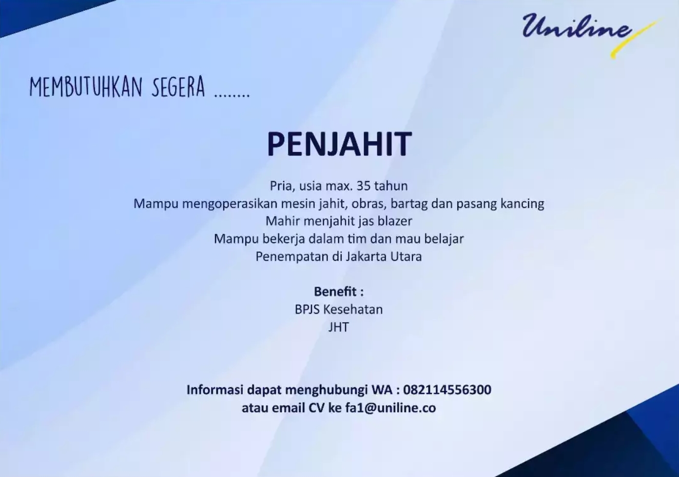 (Lowongan Kerja) Dibutuhkan Penjahit Pria di Uniline Jakarta Utara (PT ...