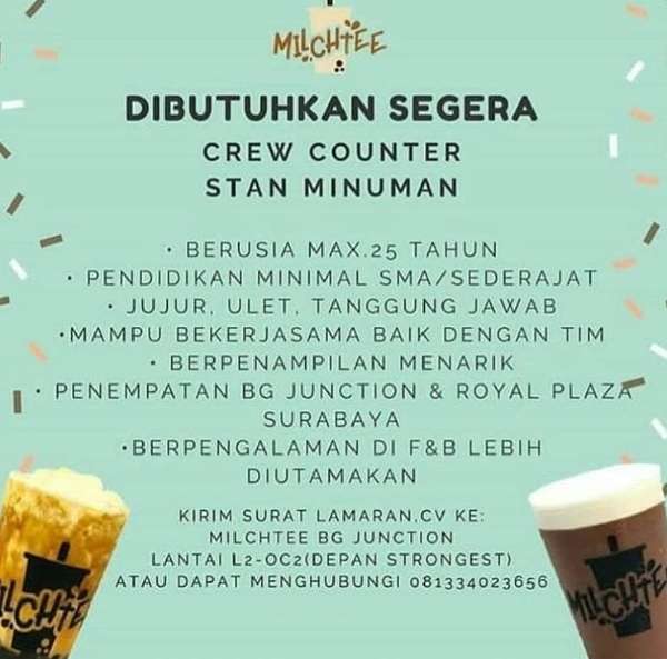 Lowongan Kerja Crew Counter Stand Minuman Milchtee Surabaya | AtmaGo