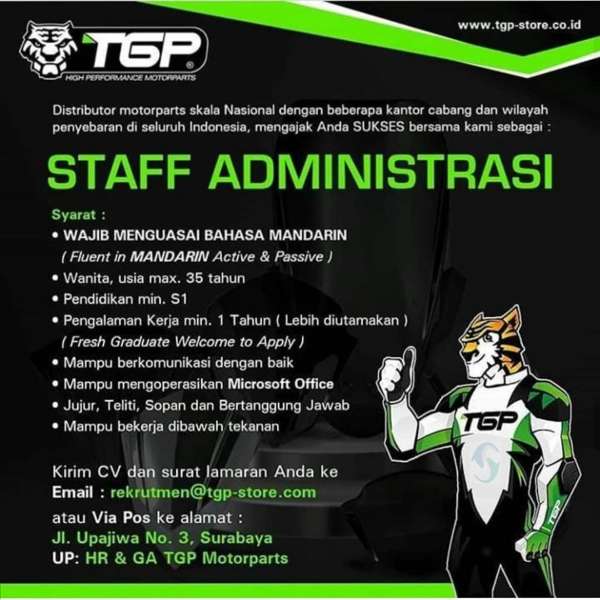 Lowongan Kerja Staff Administrasi Wanita TGP Motorparts | AtmaGo